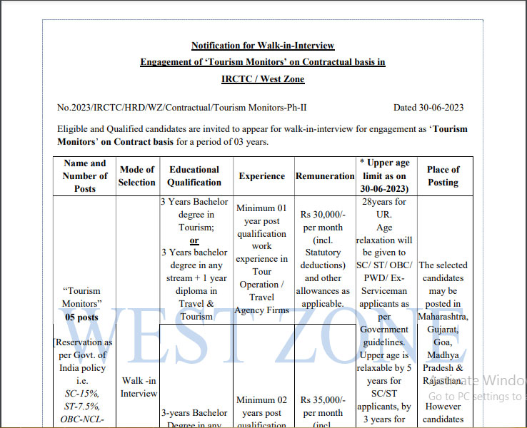 IRCTC Recruitment 2023 | भारतीय रेलवे खानपान एवं पर्यटन निगम भर्ती