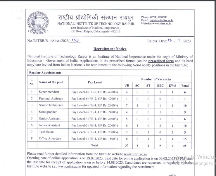 छत्तीसगढ़ रायपुर में निकली बम्पर भर्ती अंतिम तिथि 09-08-2023